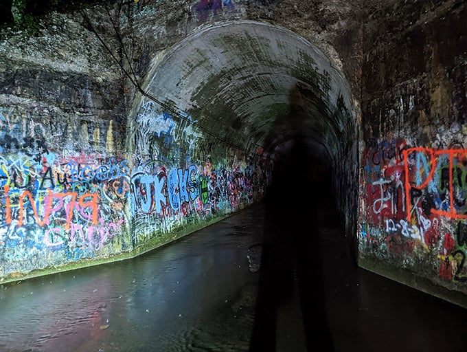 The entrance beckons with an eerie invitation – colorful graffiti leading into darkness where legends and water converge in Tennessee's most notorious tunnel.