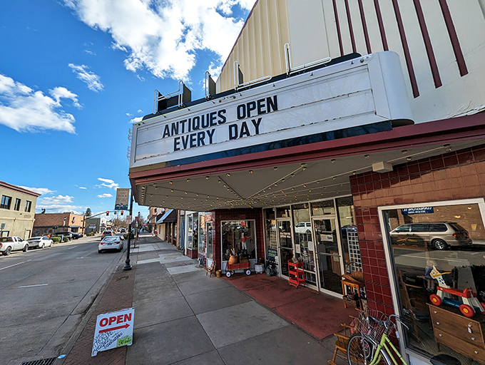 The former Hill Theatre now houses treasures instead of movies. This vintage marquee promises a different kind of entertainment—one where you're the star of your own treasure hunt.