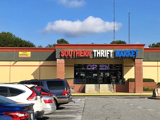 The bright yellow exterior with bold red-white-blue signage promises treasure hunting adventures inside—like a theme park for the bargain-obsessed.