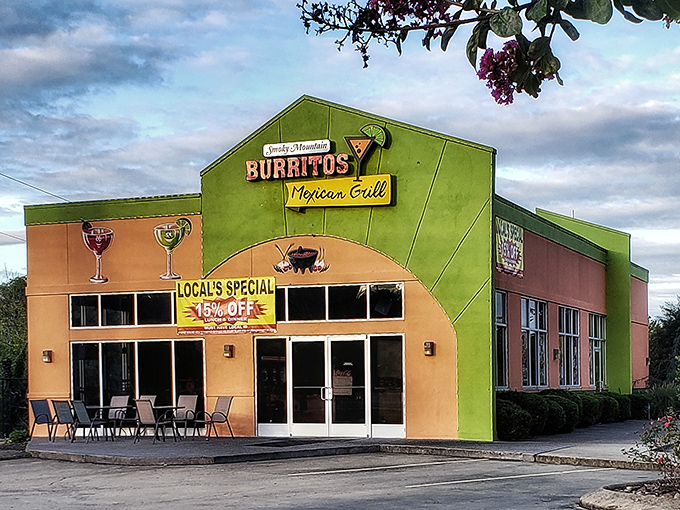 The lime green exterior of Smoky Mountain Burritos stands out like a mariachi band at a library—bold, unapologetic, and promising a good time.