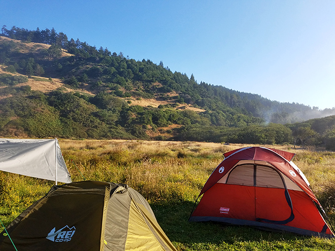Nature's grand floorplan: colorful tents nestled beneath golden hillsides, where the whisper of coastal breezes replaces your morning alarm clock.