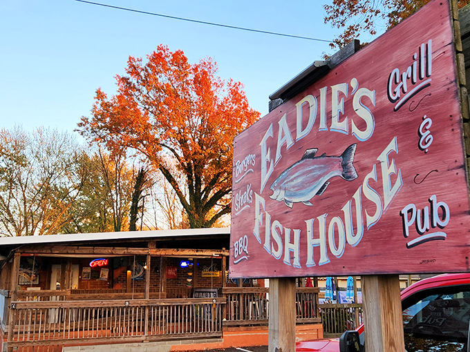 The iconic red sign against autumn foliage tells you everything: this isn't fancy dining, it's fantastic dining. Eadie's promises seafood salvation in North Canton.