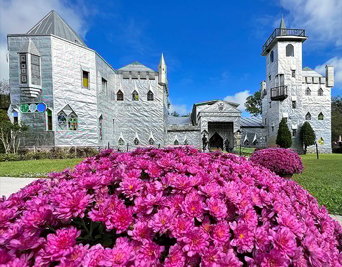 The shimmering facade of Solomon's Castle catches Florida sunlight like a medieval disco ball, complete with vibrant pink flowers that seem to bow in admiration.