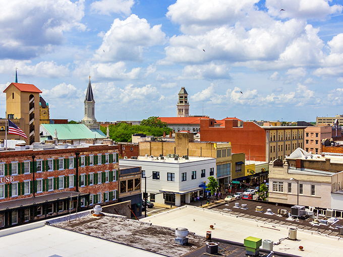 Savannah's historic district, where cobblestone streets and trolley tracks remind you that some places refuse to surrender their charm to modern inconveniences. 