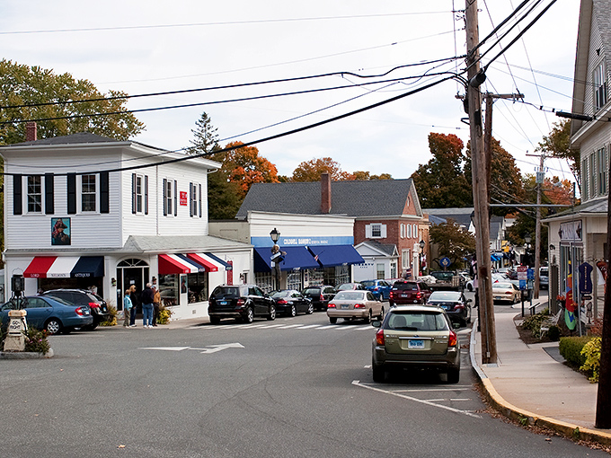 A quintessential New England scene where history meets waterfront charm. Essex's colonial buildings stand proudly against bare winter trees, inviting spring visitors to explore.