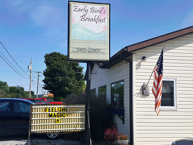 The unassuming exterior of Early Bird's promises nothing fancy—just "FEEL THE MAGIC" of honest-to-goodness breakfast that's worth the drive from anywhere in Ohio.