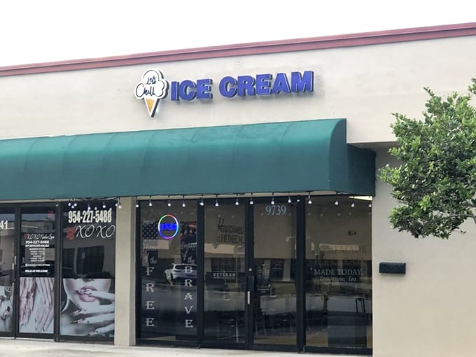 The unassuming storefront with its cheerful blue sign and green awning belies the frozen magic happening inside. Florida's hidden gem awaits.