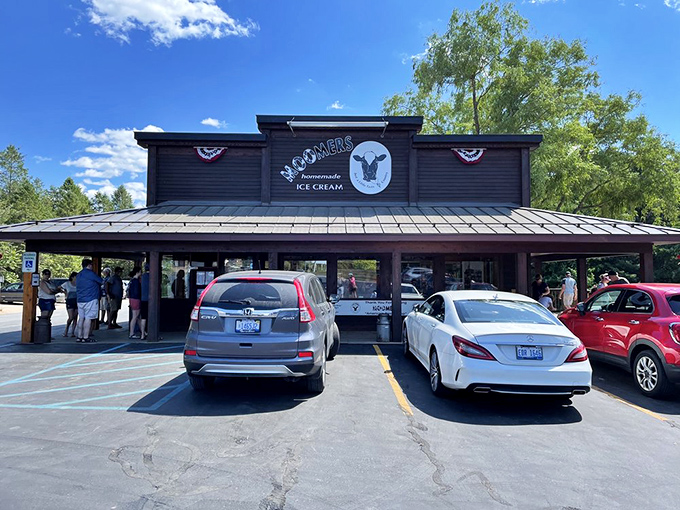 The iconic red barn of Moomers stands like a beacon of dairy delight, promising cold comfort in a world that's often too heated.