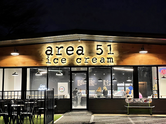 The illuminated wooden facade of Area 51 Ice Cream beckons like a beacon of sweetness in the night. Extraterrestrial delights await inside this unassuming Hernando storefront. 