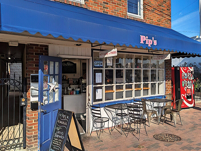 The little blue awning on Dock Street beckons like a nautical flag signal that translates to "Come get the best hot dogs in Annapolis right here!"