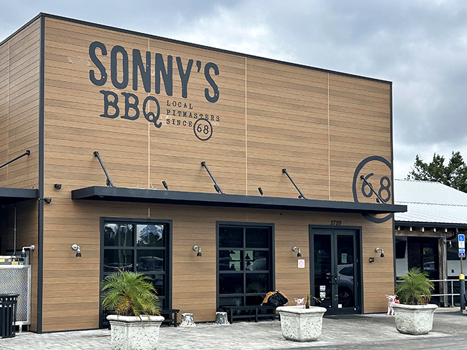 Sonny's wooden façade stands like a beacon of barbecue promise, the "68" emblem reminding us some traditions are worth preserving.