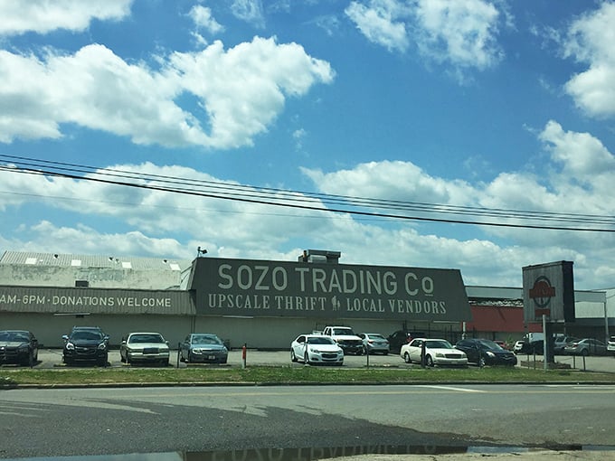 The unassuming exterior of Sozo Trading Co. belies the treasure trove within—like finding a portal to another dimension disguised as a warehouse.