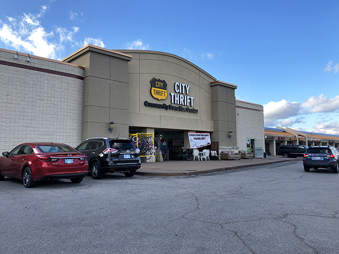 The unassuming exterior of City Thrift belies the treasure trove within—like finding a portal to another dimension disguised as a strip mall storefront.