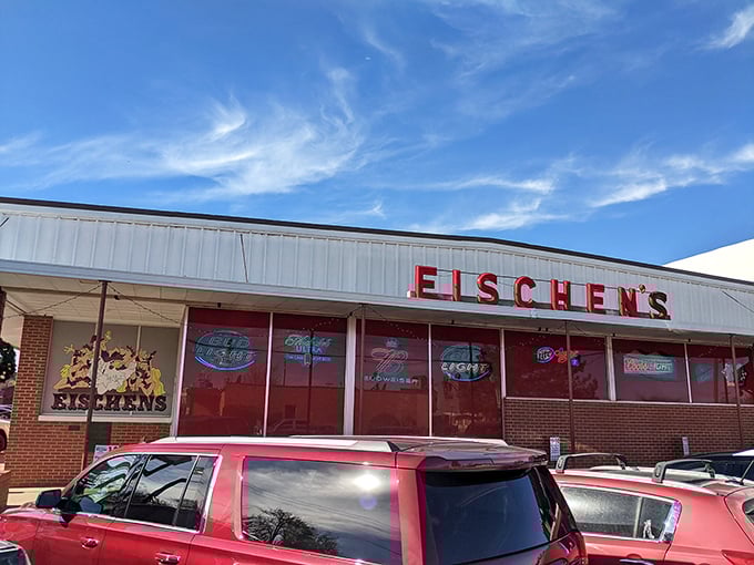 The unassuming brick exterior of Eischen's Bar in Okarche welcomes hungry pilgrims. Those motorcycles aren't parked outside by accident—riders know where the good stuff is.