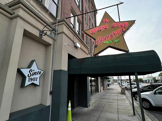 The iconic star-shaped neon sign glows like a beacon for hungry travelers. This isn't just a restaurant—it's a Bessemer landmark that's been calling folks home since 1907.