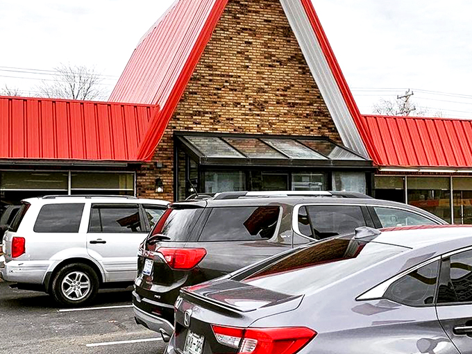 The iconic A-frame roof of G's Pancake House stands like a breakfast beacon, promising comfort food that'll make your morning infinitely better.