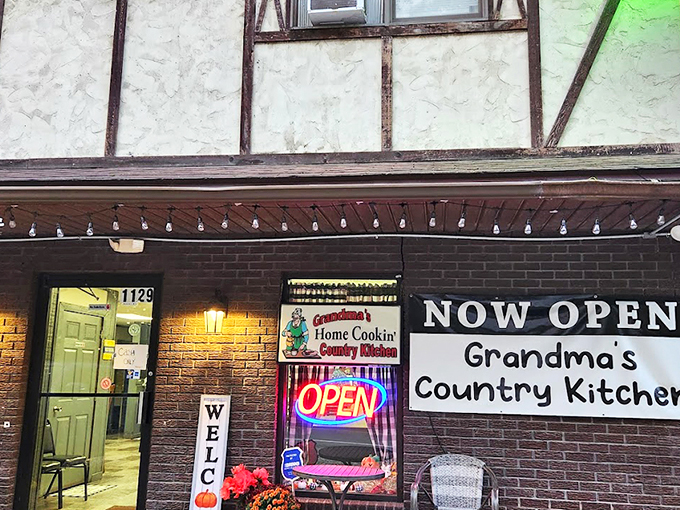 The unassuming exterior of Grandma's Country Kitchen proves once again that culinary treasures often hide in the humblest packages. That red building holds breakfast dreams.