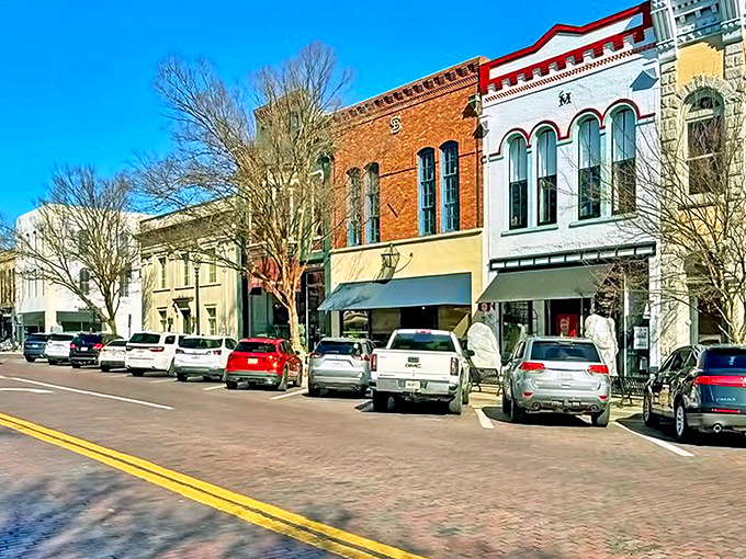 Thomasville's historic downtown facades stand like colorful sentinels of bygone eras, where modern cars park alongside timeless architecture.