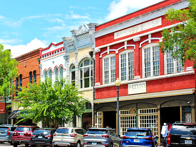 Thomasville's historic downtown facades stand like colorful sentinels of bygone eras, where modern cars park alongside timeless architecture.