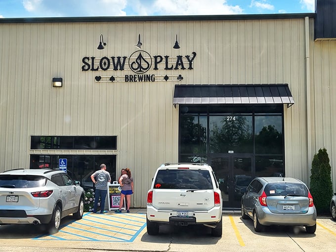 Unassuming on the outside, extraordinary on the inside—Slow Play Brewing's exterior promises craft beer excellence behind its industrial façade.