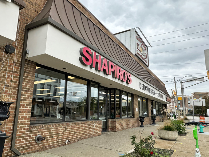 The iconic red Shapiro's sign beckons like a lighthouse for the hungry soul—a Midwest beacon promising deli salvation on South Meridian Street.