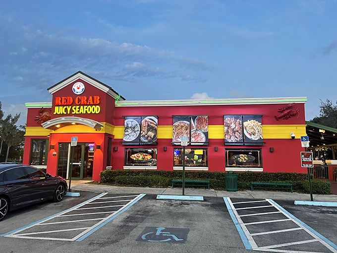 The vibrant red exterior isn't subtle, but neither is the flavor explosion waiting inside. Like a seafood siren calling you home.