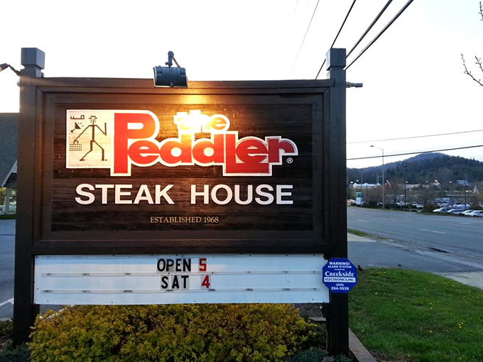 The unassuming exterior of The Peddler hides culinary greatness like Clark Kent's glasses hide Superman – rustic charm that whispers "mountain magic inside."
