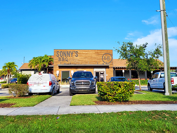 Sonny's wooden façade stands like a beacon of barbecue promise, the "68" emblem reminding us some traditions are worth preserving.