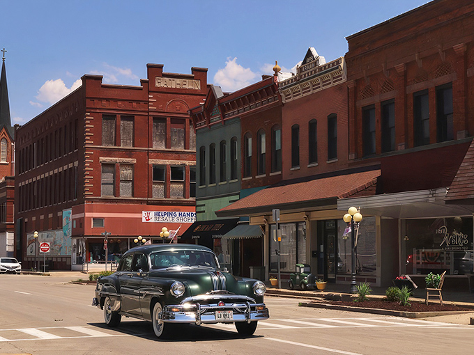 A classic car cruises past Pontiac's pristine brick buildings, like a scene from a time when gas was cheap and smartphones were science fiction.