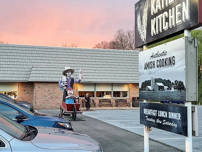 Katie's Kitchen welcomes hungry travelers with its unassuming charm and a sign promising "Authentic Amish Cooking" – a promise it delivers on spectacularly.