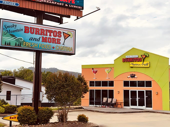 The lime green exterior of Smoky Mountain Burritos stands out like a mariachi band at a library—bold, unapologetic, and promising a good time.