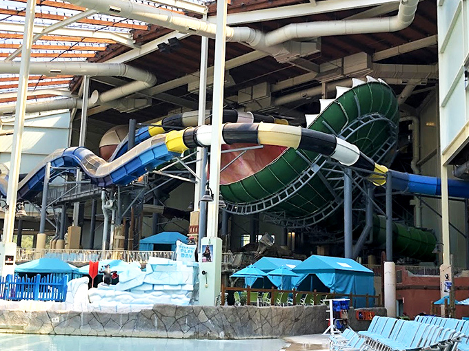 The architectural marvel that is Aquatopia's glass ceiling lets sunshine pour in while Pennsylvania snow stays where it belongs—outside.
