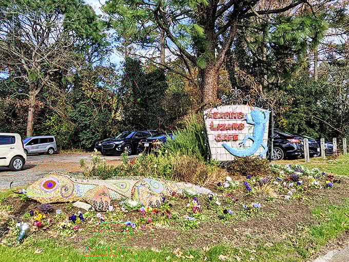 The whimsical lizard sculpture is like stumbling into a Dr. Seuss book where delicious food awaits.