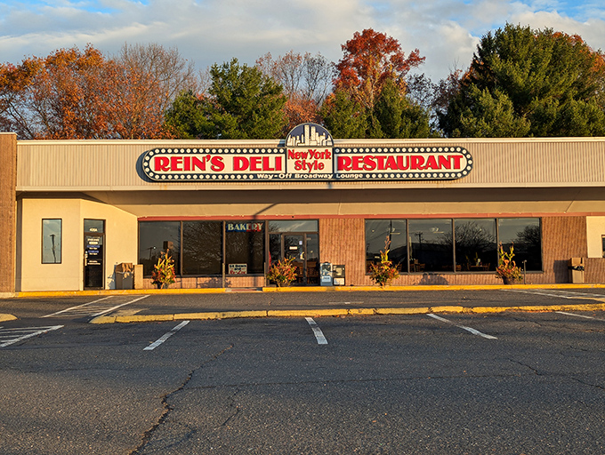 A neon beacon of deliciousness! Rein's Deli's sign promises New York-style eats that'll transport your taste buds faster than a subway ride to Manhattan.
