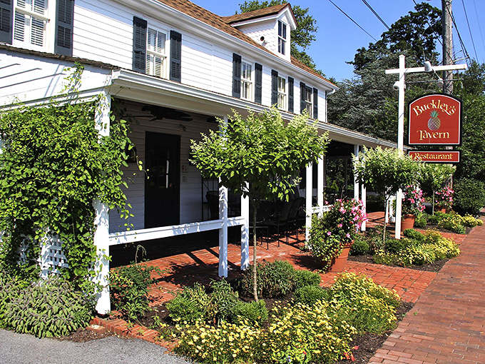 A storybook come to life! Buckley's Tavern's charming exterior beckons with its white clapboard siding, inviting porch, and lush gardens. It's the culinary equivalent of a warm hug.