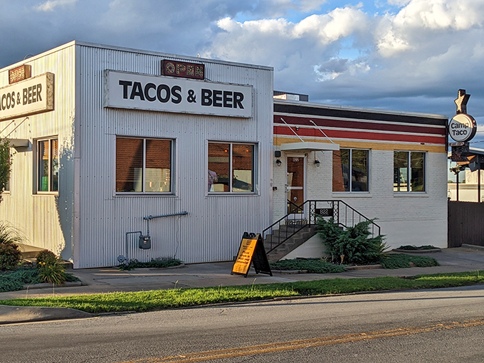 The "TACOS & BEER" sign isn't just a promise—it's a mission statement. Camp Taco's exterior blends retro charm with modern flair, like your favorite summer camp grew up and got cool.