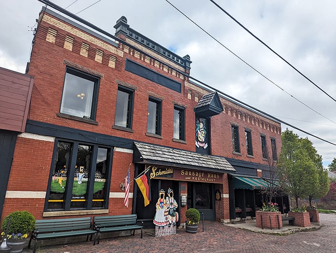 The brick facade of Schmidt's Sausage Haus stands proudly in German Village, like a delicious time portal to Old World Bavaria.