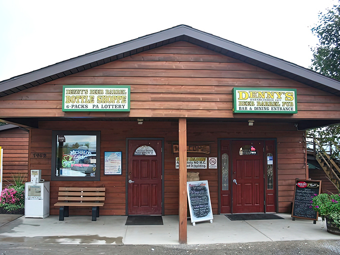 The unassuming wooden exterior of Denny's Beer Barrel Pub – where burger legends are born and diets go to die.