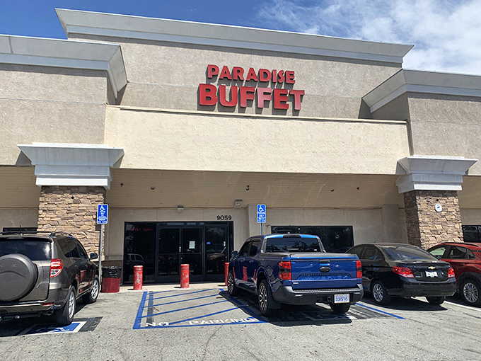 The red signage beckons like a lighthouse for the hungry, promising culinary abundance inside this unassuming strip mall treasure. 