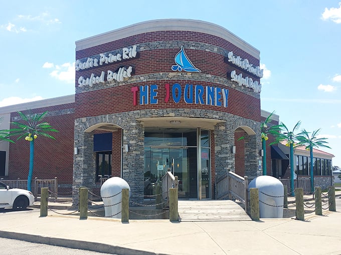 The Journey's distinctive curved brick exterior with nautical touches promises a culinary adventure before you even step inside. Those decorative palm trees aren't lying—something special awaits.