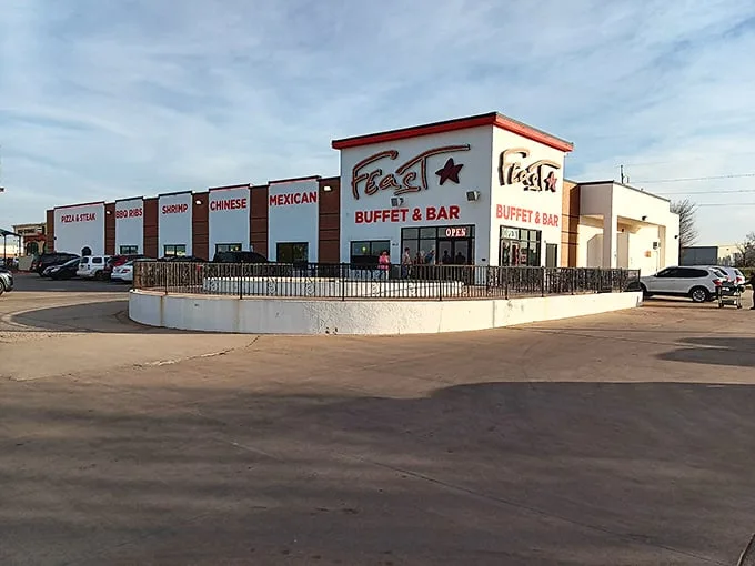 The Promised Land of buffets beckons from the roadside, with Feast's distinctive exterior proudly announcing its multi-cultural culinary mission to hungry Oklahomans.