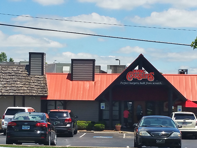 The iconic red-roofed entrance promises burger nirvana within. "Perfect burgers, built from scratch" isn't just a slogan—it's a Louisville guarantee. 