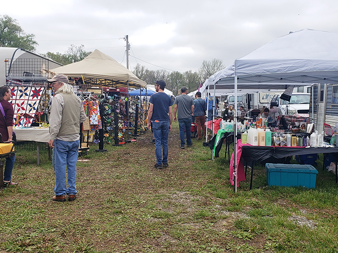 From this aerial view, Sparks Flea Market resembles a treasure hunter's Disneyland—white tents and colorful displays sprawling across the Kansas countryside.