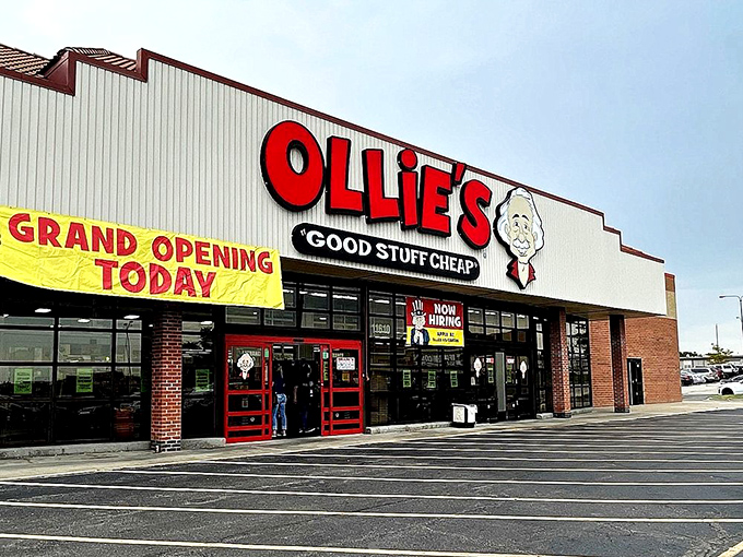 The iconic Ollie's storefront promises "Good Stuff Cheap" beneath that cartoon mascot grin – retail therapy's most honest advertising campaign.