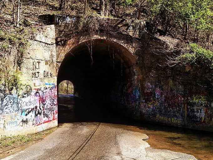 The entrance beckons with an eerie invitation – colorful graffiti leading into darkness where legends and water converge in Tennessee's most notorious tunnel.