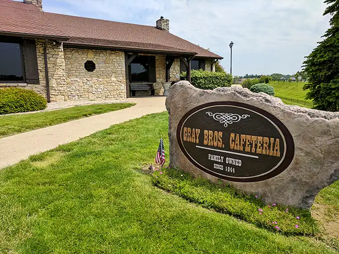 The limestone exterior of Gray Brothers Cafeteria stands like a humble monument to Hoosier comfort food. No fancy frills, just the promise of culinary bliss within.