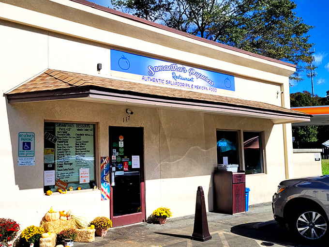 The unassuming blue sign beckons like a culinary lighthouse – proof that the best food often hides in plain sight rather than behind fancy facades.