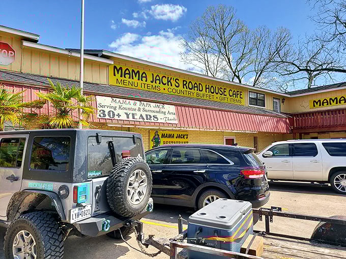 The pink metal roof and bold yellow signage of Mama Jack's – Texas' culinary equivalent of finding a $20 bill in your winter coat pocket.