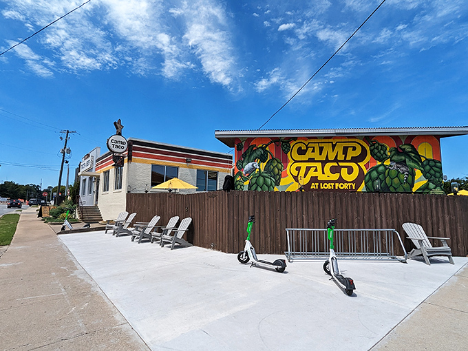 The "TACOS & BEER" sign isn't just a promise—it's a mission statement. Camp Taco's exterior blends retro charm with modern flair, like your favorite summer camp grew up and got cool.