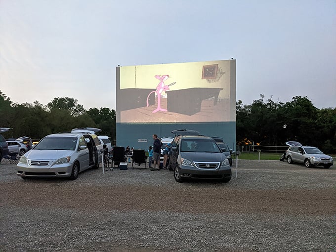 Modern cars parked alongside classic cars—the great equalizer at Boulevard Drive-In is that everyone gets the same perfect view of Pink Panther's antics.